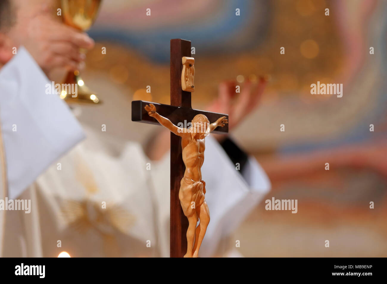 Priest celebrate mass at the church and empty place for text Stock ...