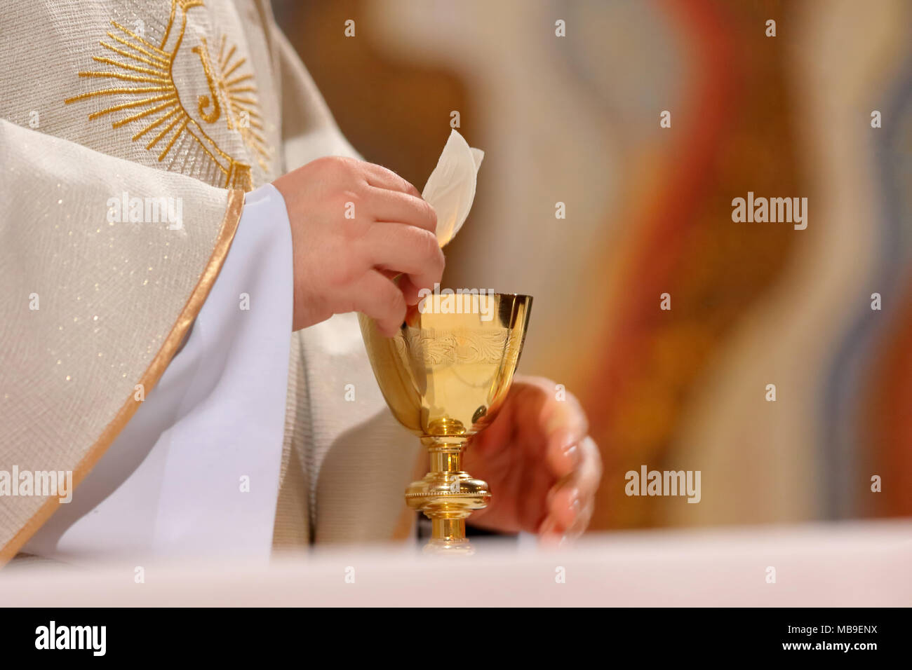 Priest celebrate mass at the church and empty place for text Stock ...