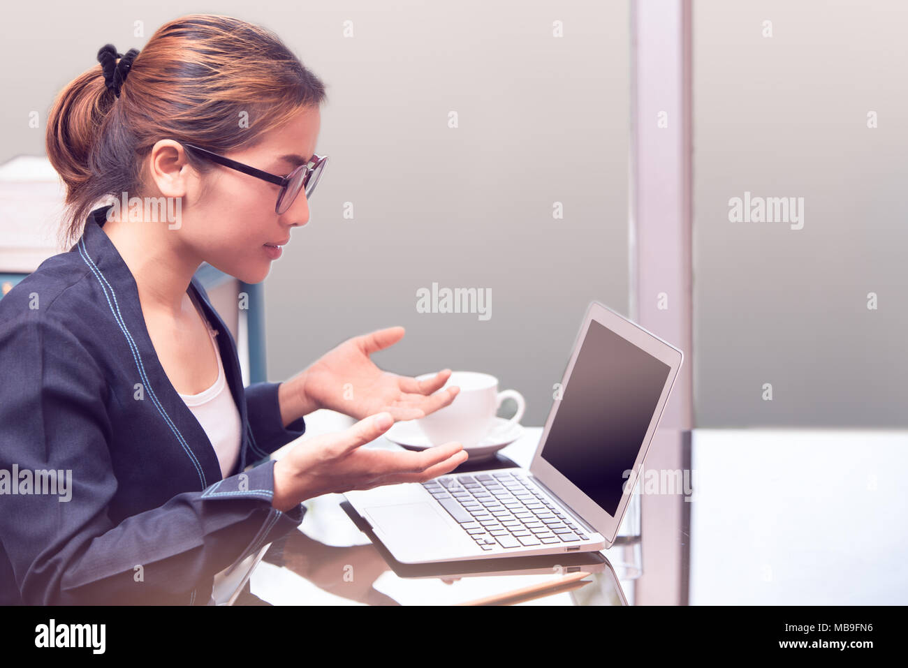 Asian office woman surprise or amazing mood , laptop in office ...