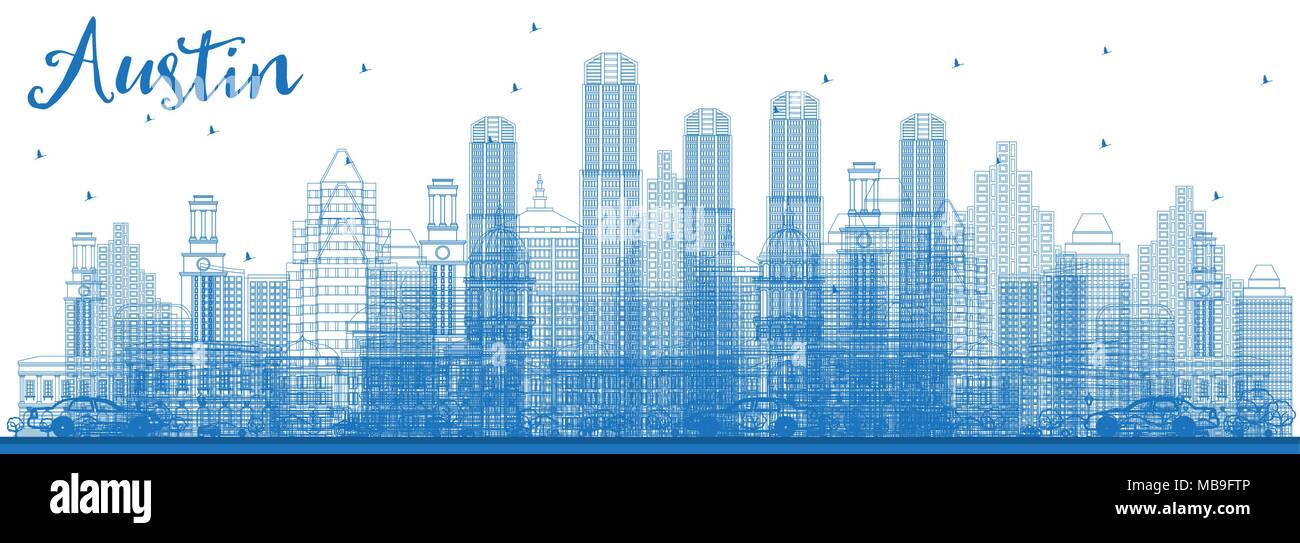 Outline Austin Texas City Skyline with Blue Buildings. Vector ...