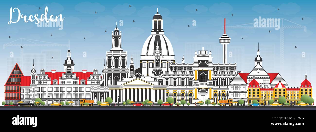 Dresden Germany City Skyline with Color Buildings and Blue Sky. Vector ...