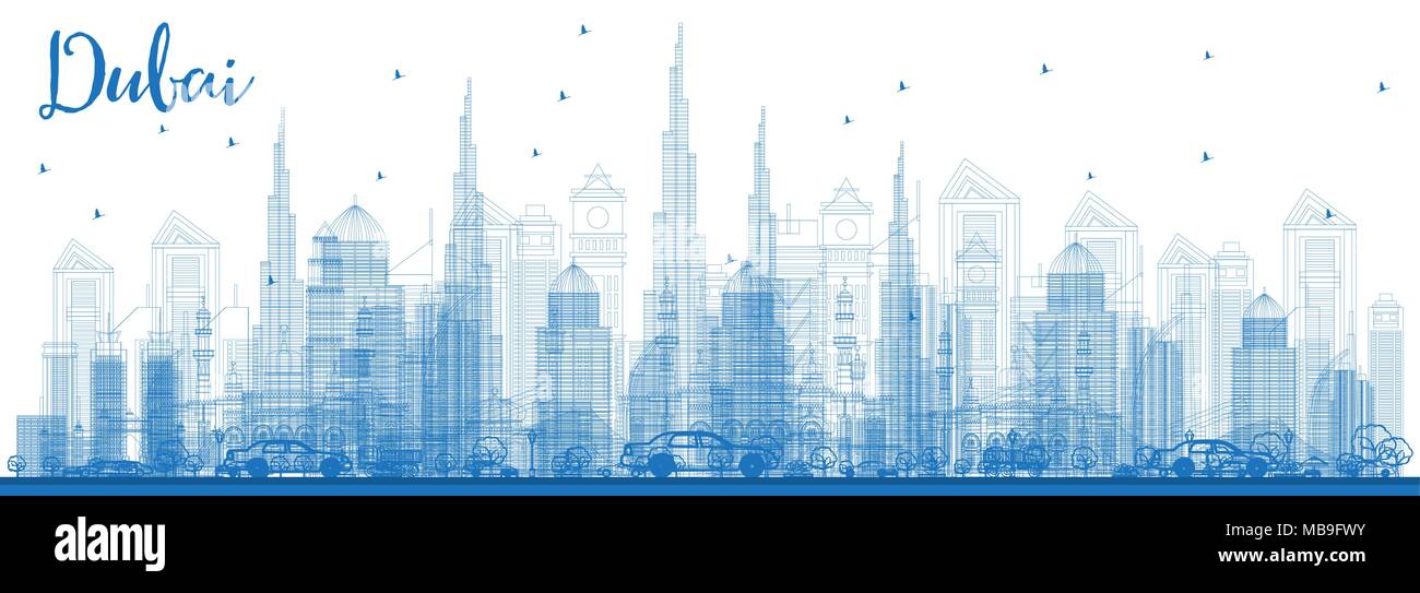 Outline Dubai UAE Skyline with Blue Buildings. Vector Illustration ...