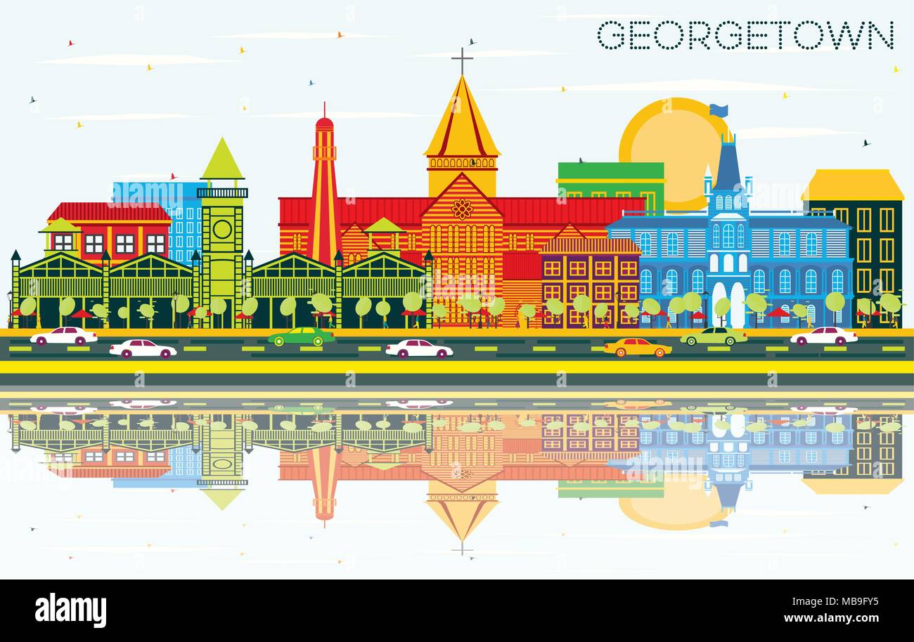 Georgetown City Skyline with Color Buildings, Blue Sky and Reflections ...