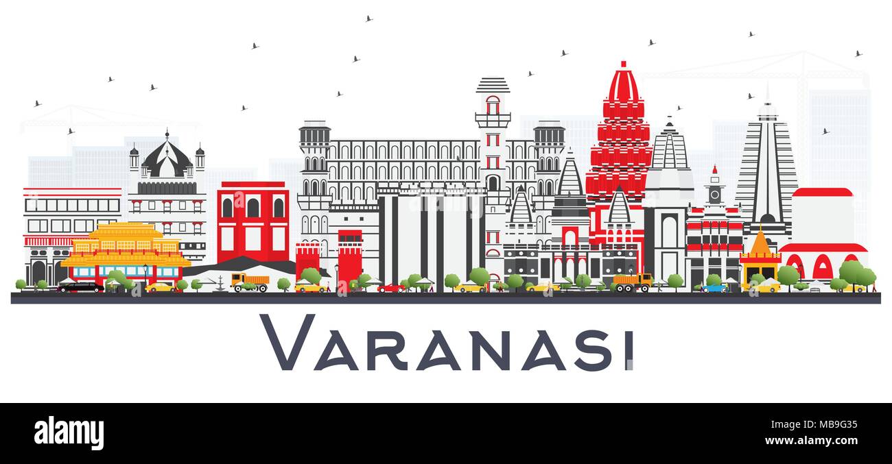 Varanasi India City Skyline with Color Buildings Isolated on White ...