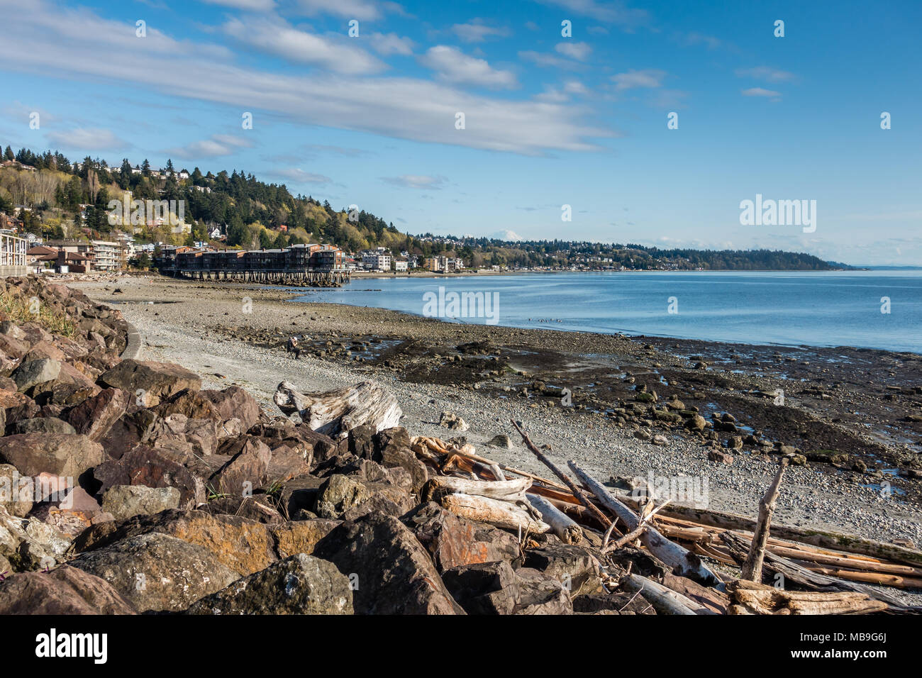 A view of the shoreline at low tide in West Seattle, Washington Stock ...