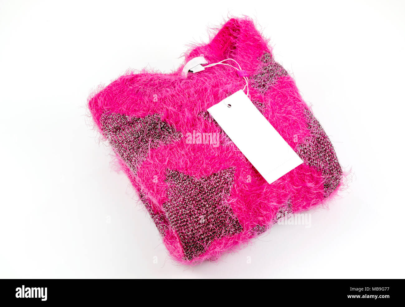 Winter clothes, Pink sweater with price tag isolated white background ...