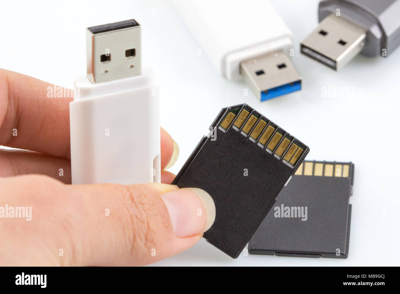 Hand holding usb stick, usb flash drive and memory card on white ...