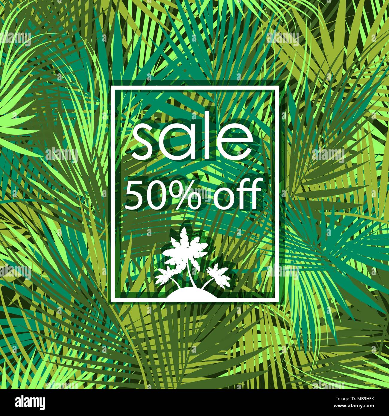 Sale 50 percent off on green palm tree branches background. Vector ...