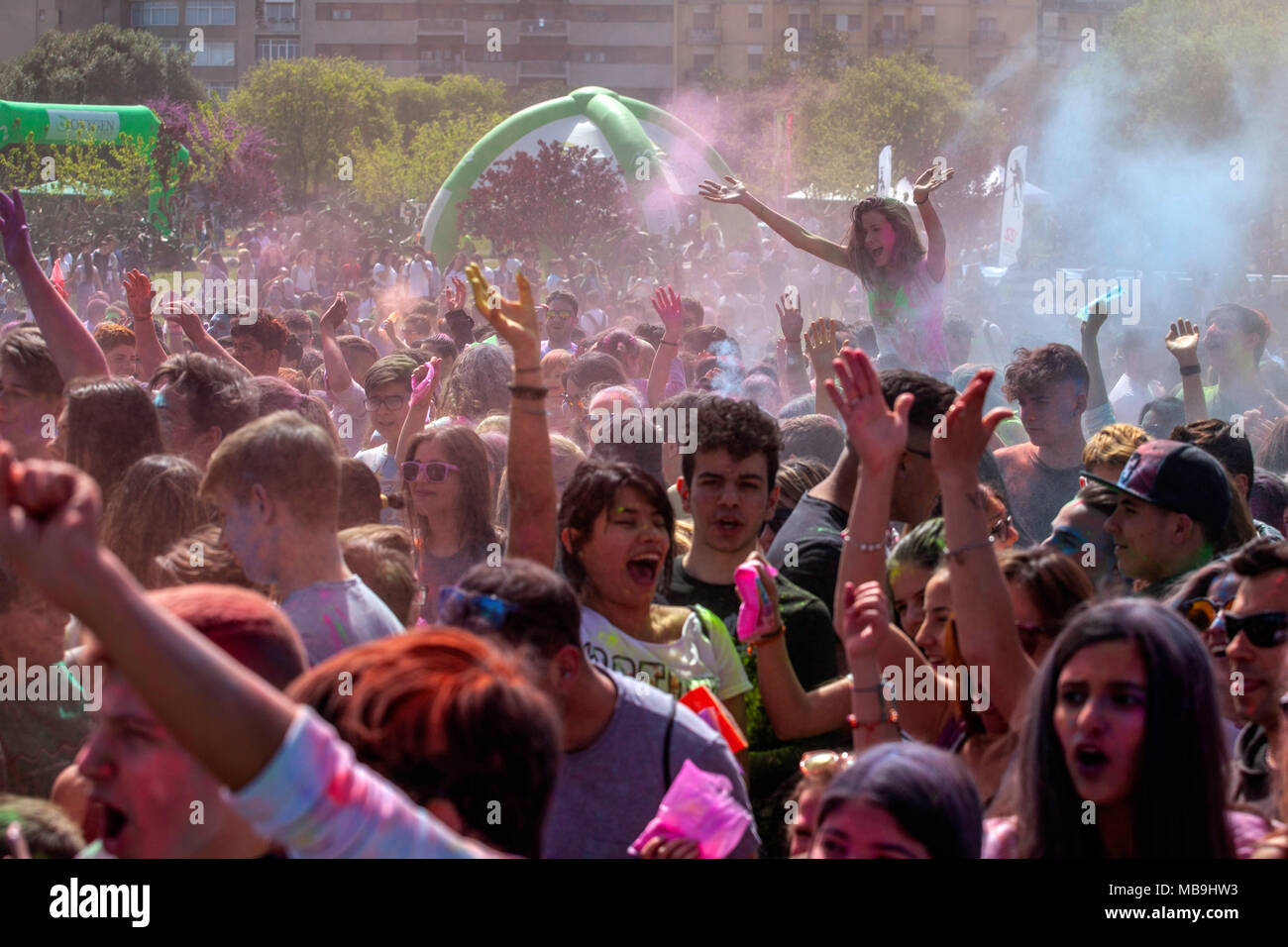 People celebrating the Spring Festival (color party) in Palermo, Italy ...