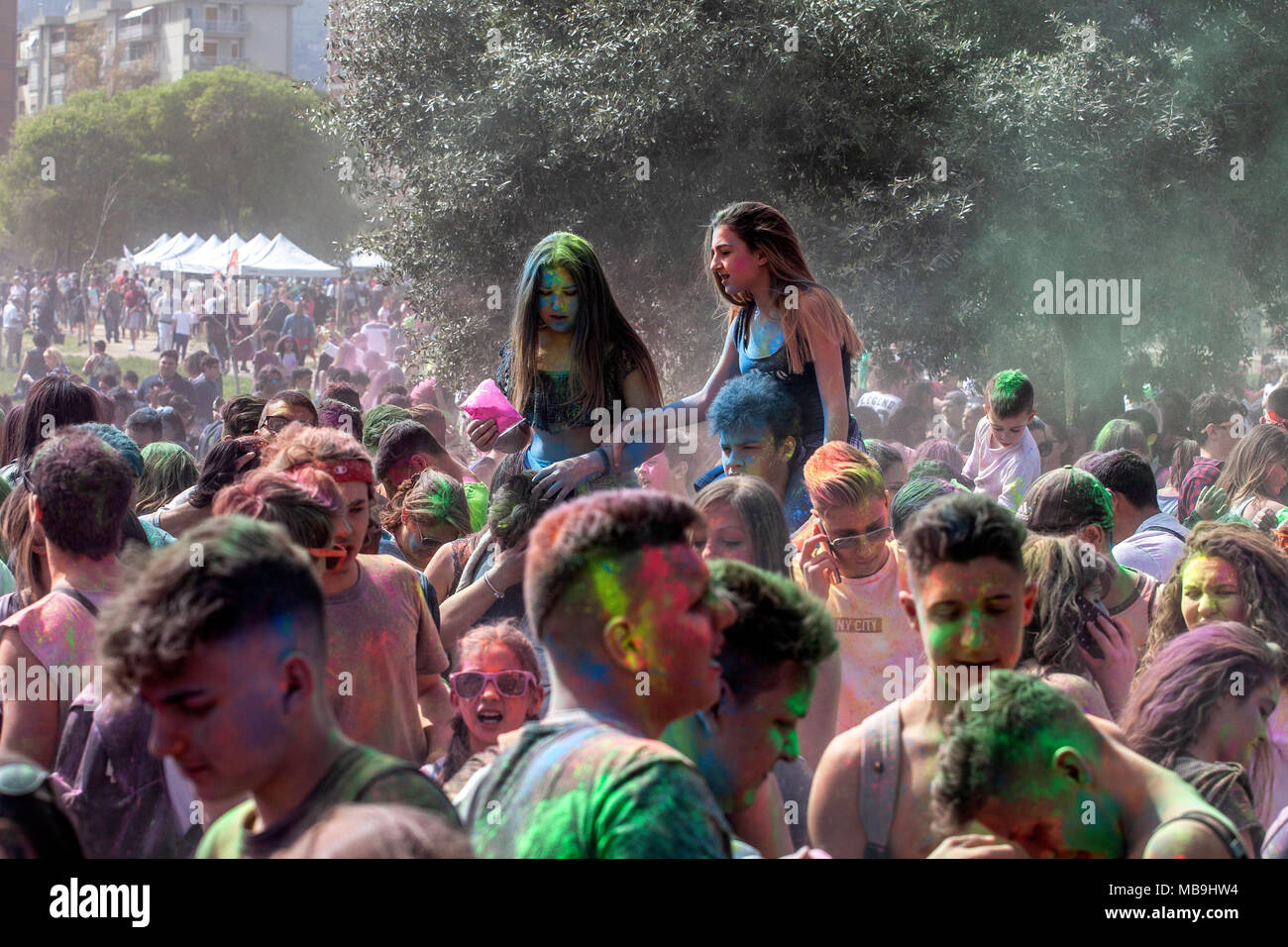 People celebrating the Spring Festival (color party) in Palermo, Italy ...