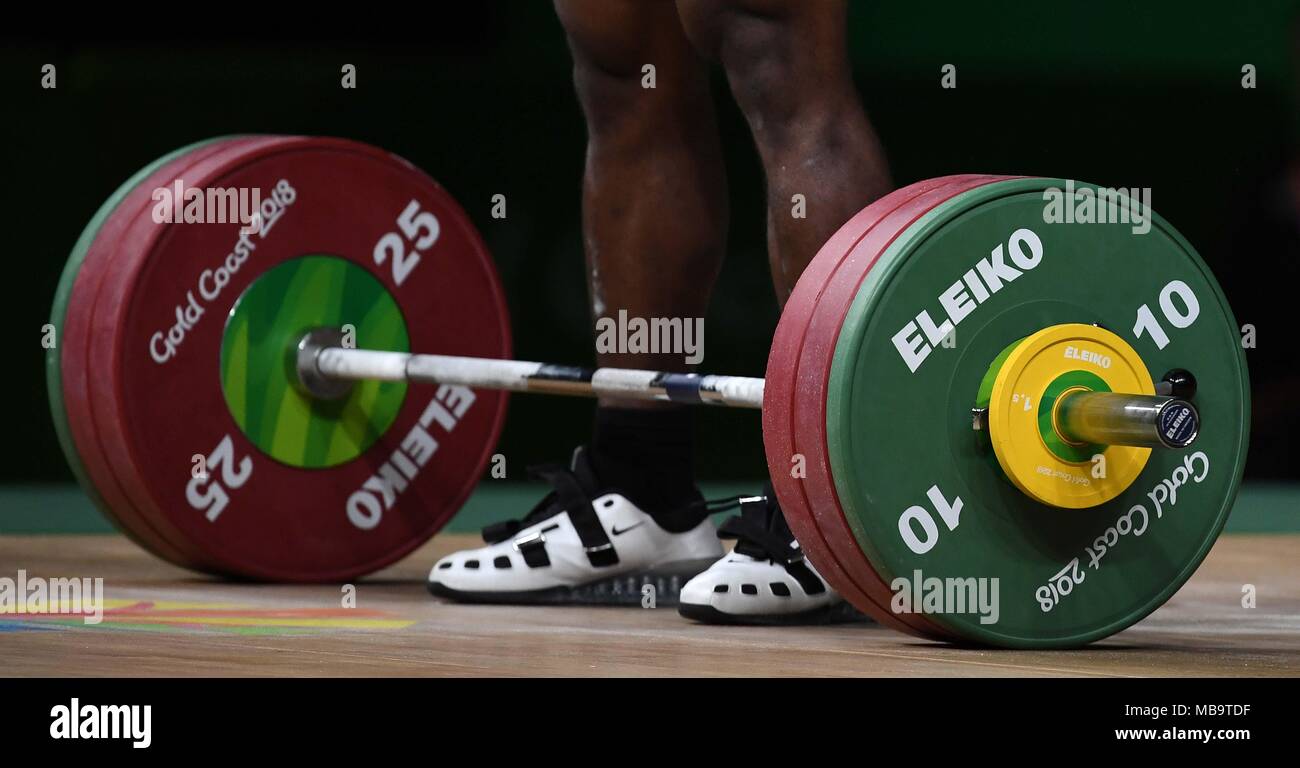 Queensland, Australia. 9th Apr, 2018. weights bar feet . Mens 105kg ...
