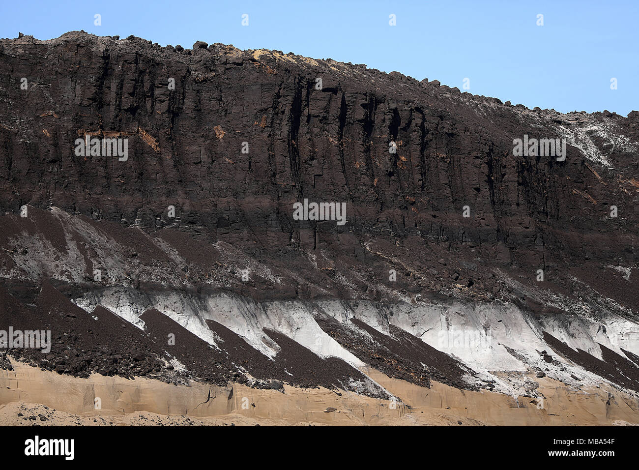 06 April 2018, Germany, Grevenbroich: A layer of brown coal above a ...
