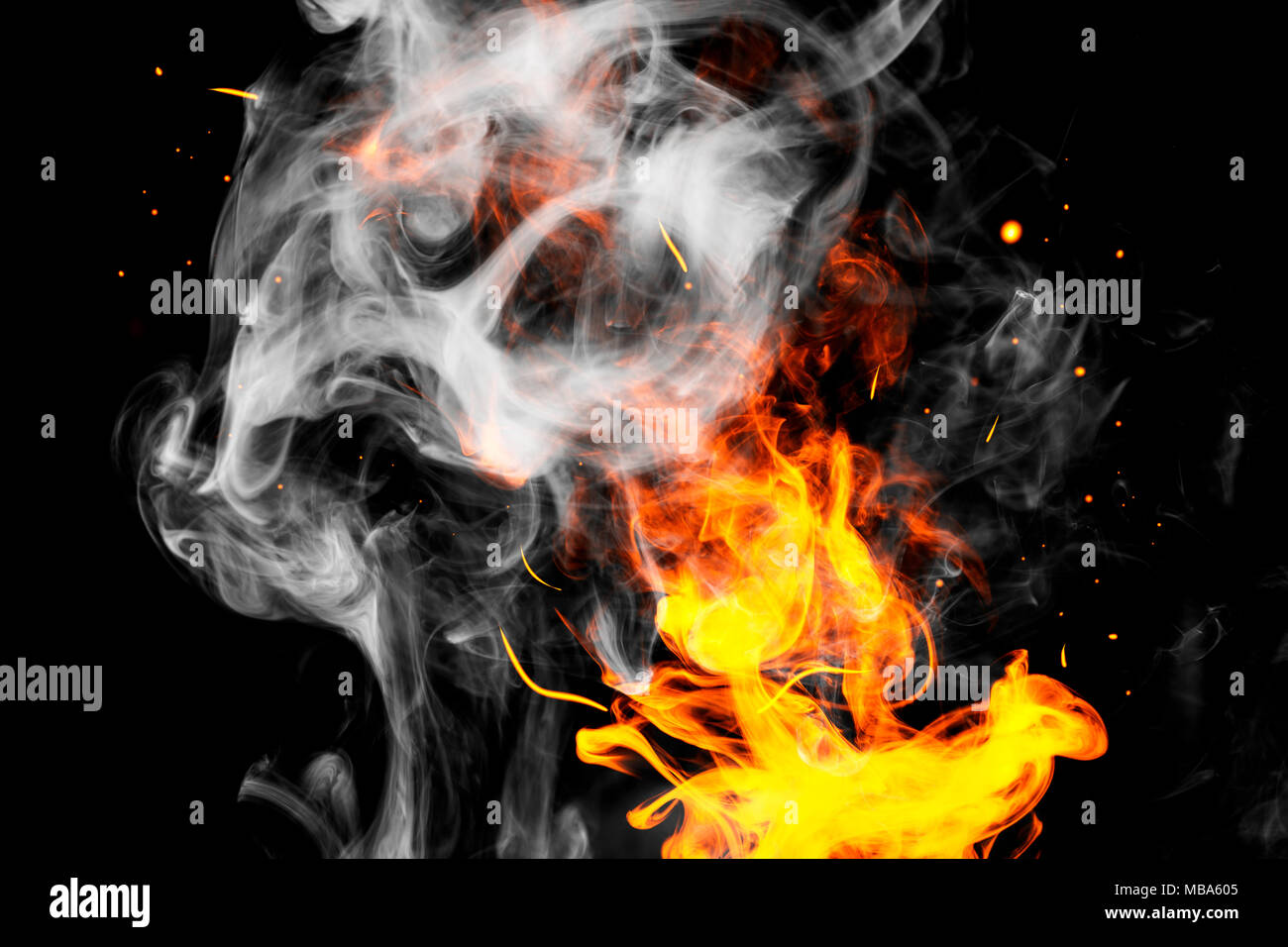 Fire flames background. Dense fiery smoke on a black isolated ...