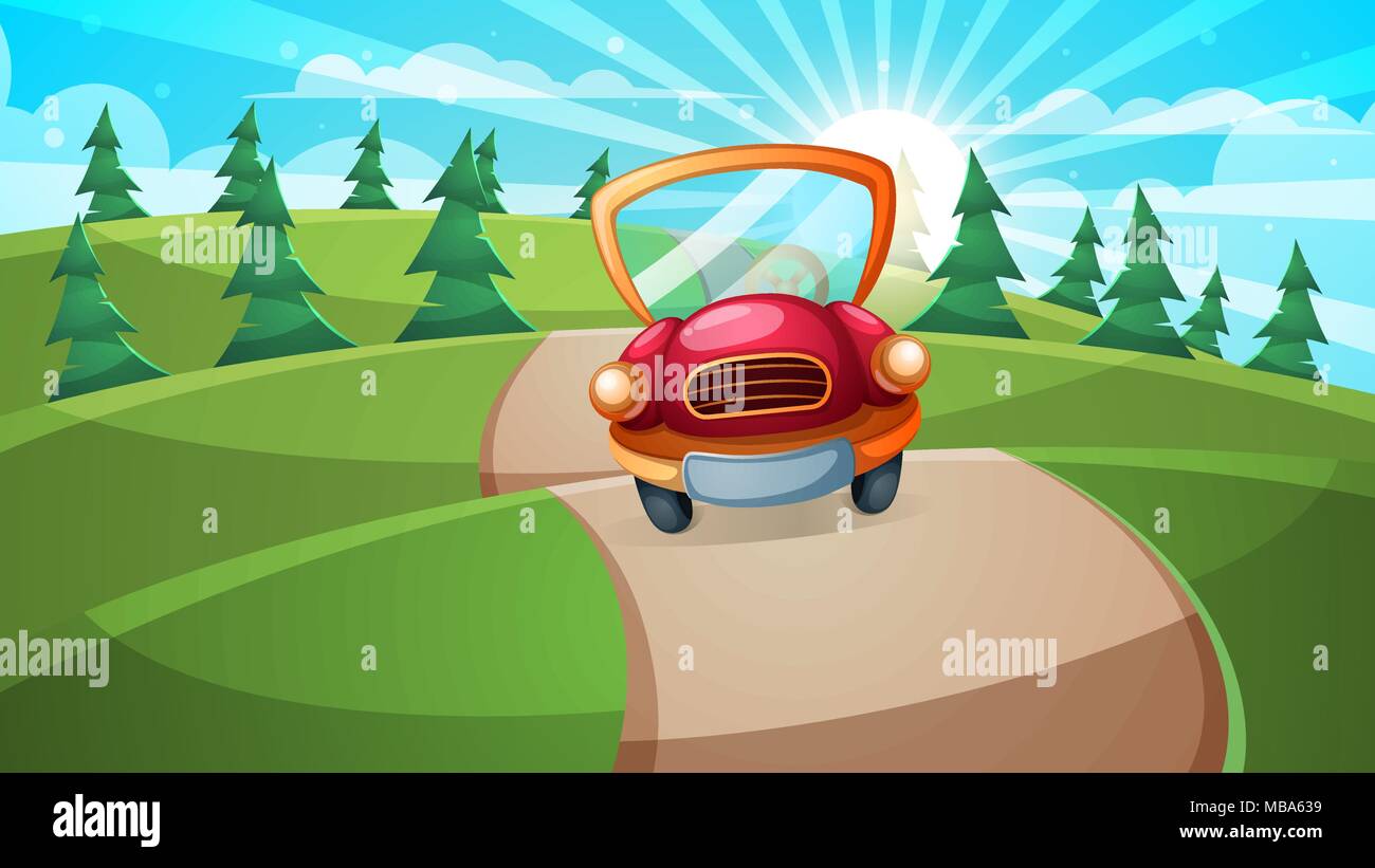Car, road illustration. Cartoon forest landscape Stock Vector Image ...