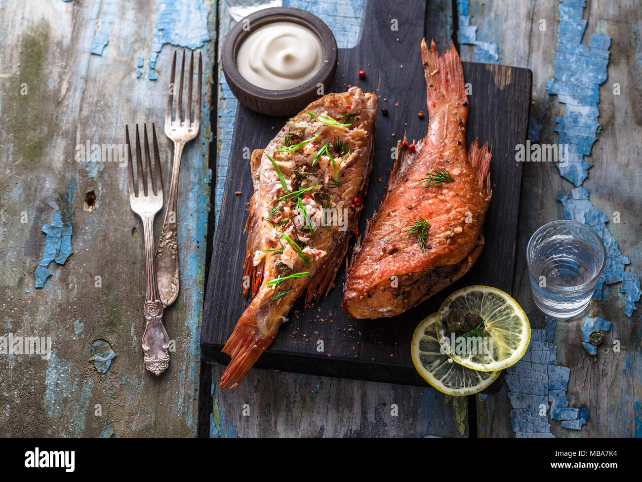 Smoked fish ocean perch with place for wording, copy space Stock Photo ...
