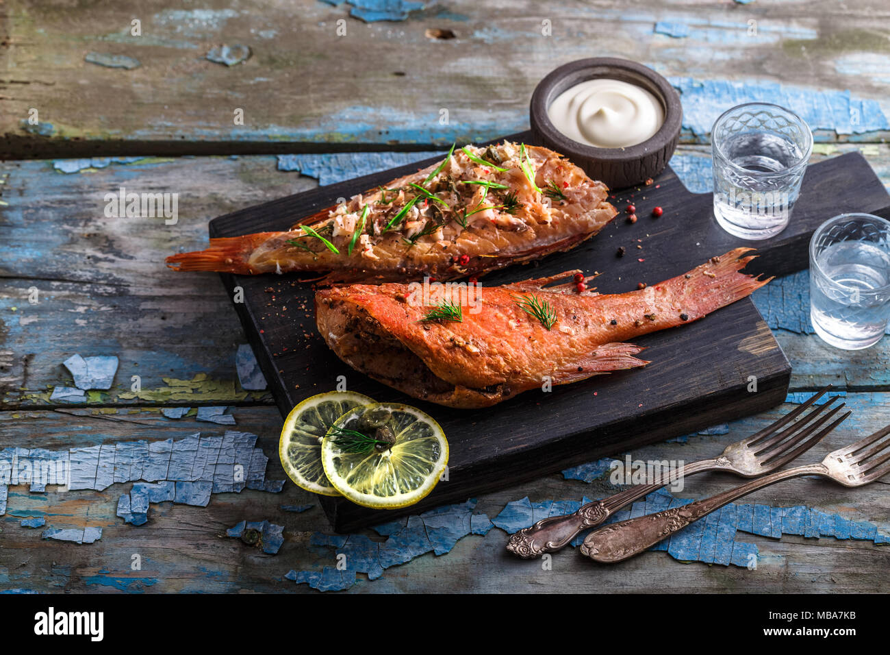 Smoked fish ocean perch with place for wording, copy space Stock Photo ...