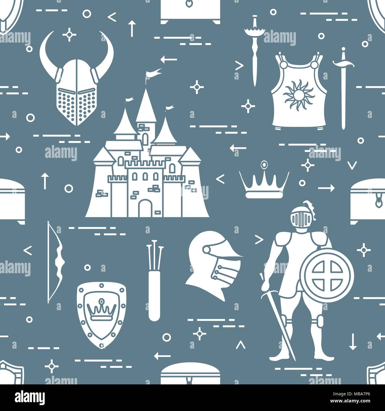 Seamless pattern with knight, castle, shields, swords, cuirass, helmet ...