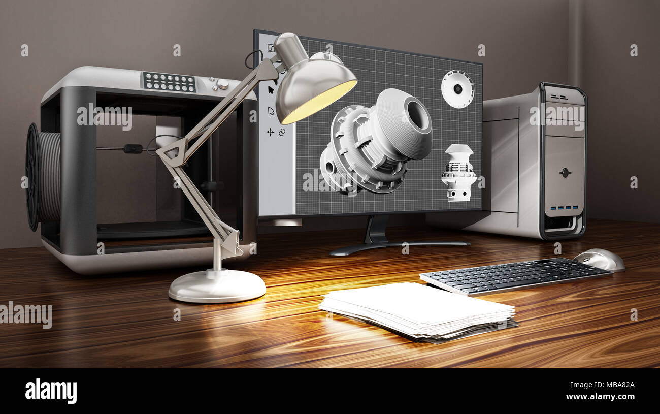 3D printer and desktop computer standing on the table. 3D illustration ...