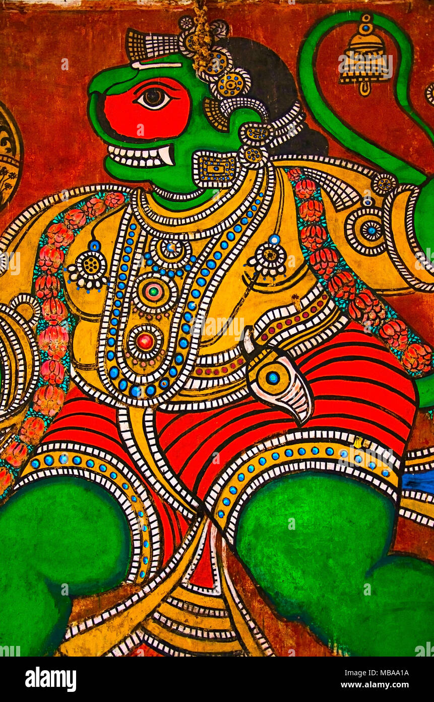Colorful paintings on ceiling wall of Darbar Hall of the Thanjavur ...