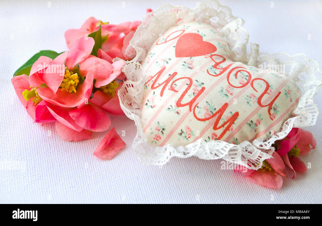 Textile handmade white heart with the inscription I love mum and red ...