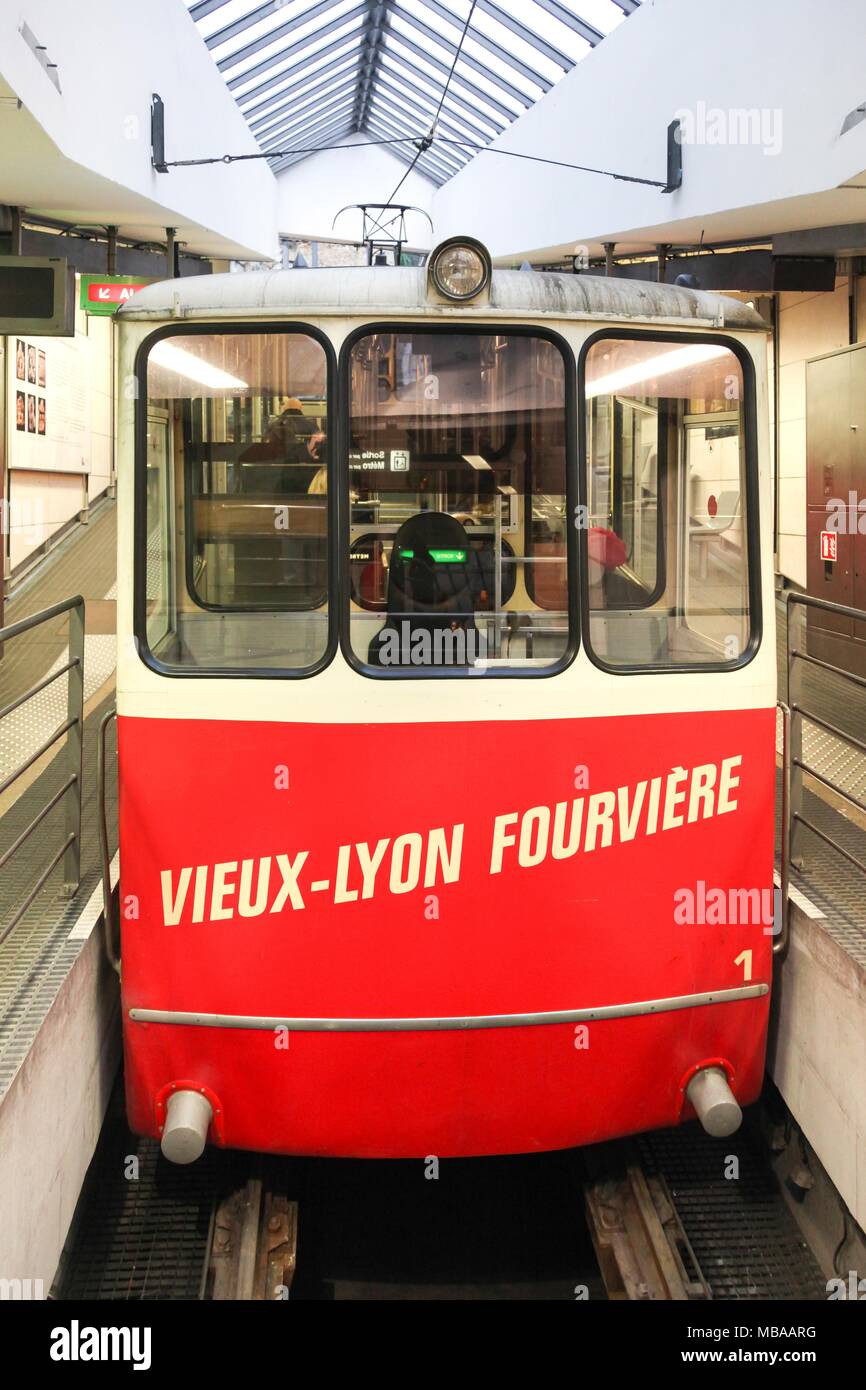 Historic funicular in Lyon with the line F2 Saint-Jean - Fourviere ...