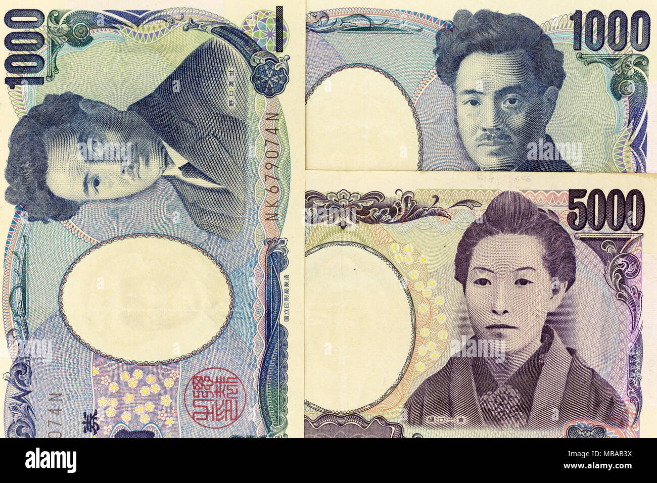 Currency banknotes spread across frame japanese yen in various ...