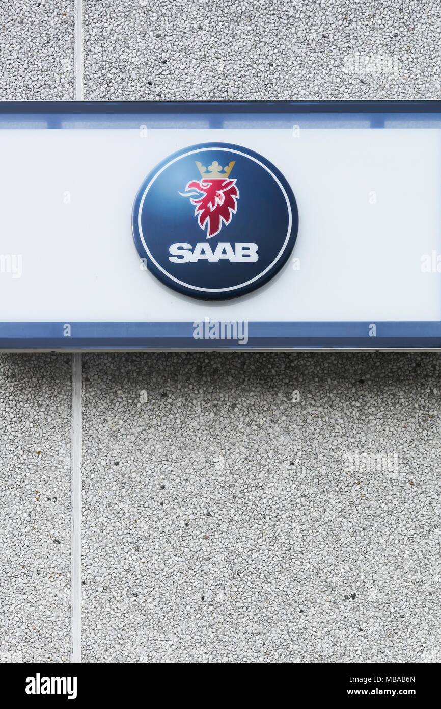 Risskov, Denmark - September 10, 2015: Saab logo on a wall. Saab was a ...