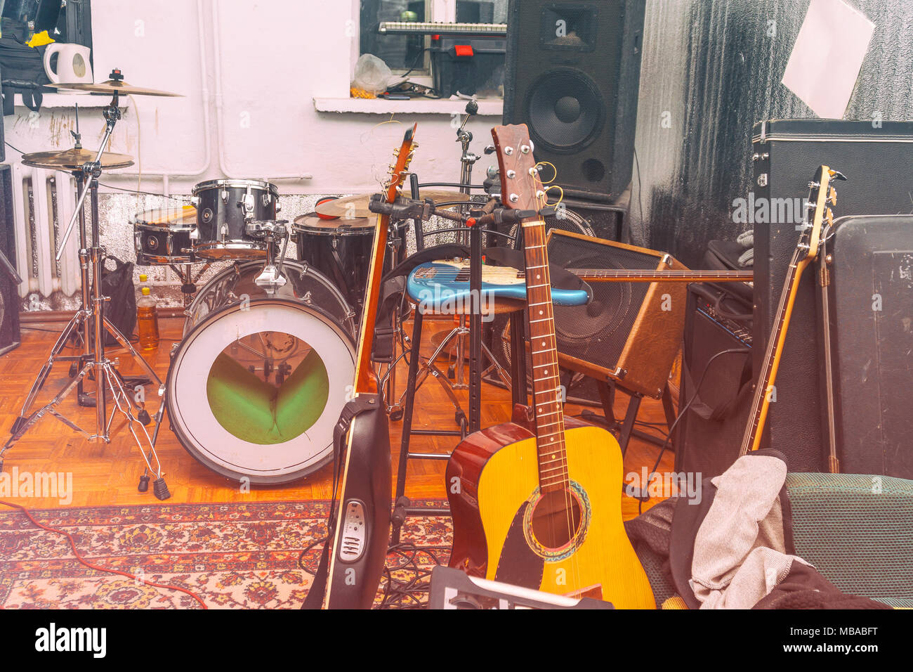 Rehearsal room with musical instruments Stock Photo - Alamy