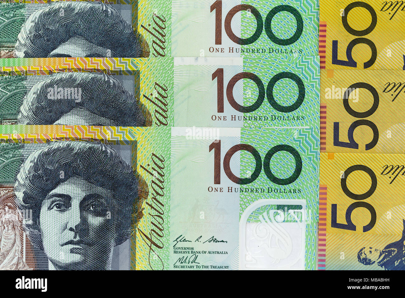 Currency banknotes spread across frame australian dollar in various ...