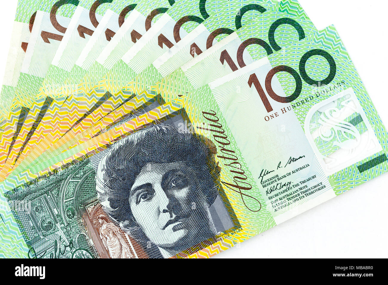 Currency banknotes spread across frame australian dollar in various ...
