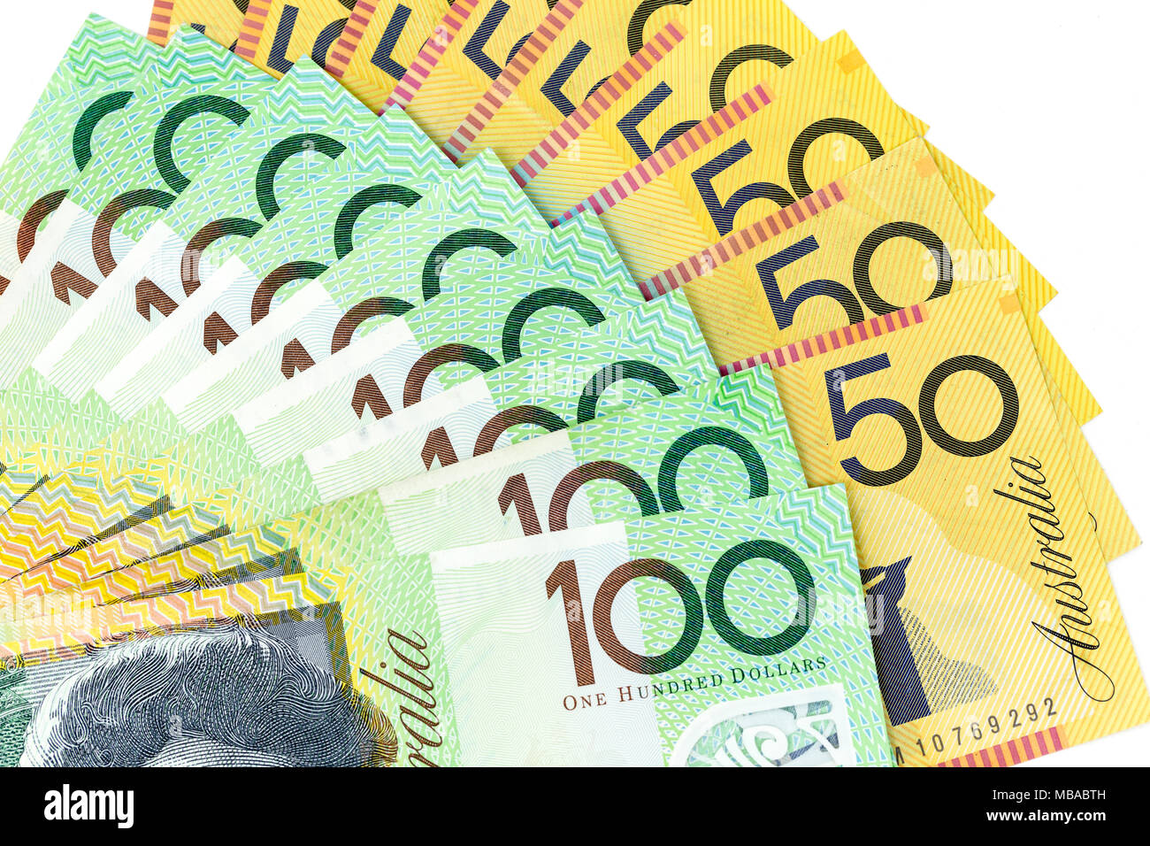 Currency banknotes spread across frame australian dollar in various ...