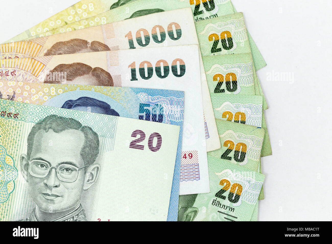 Currency banknotes spread across frame thai baht in various ...