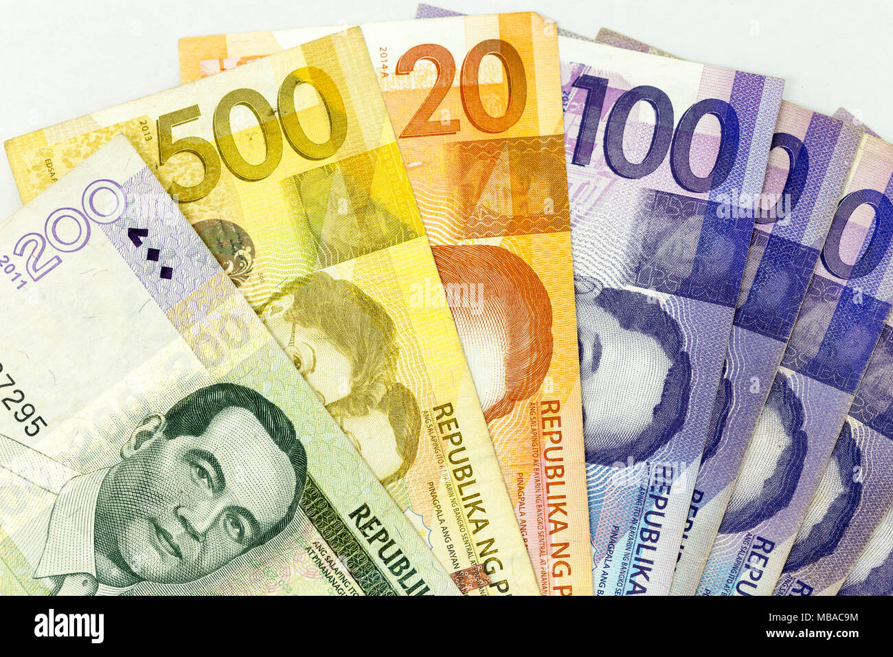 Currency banknotes spread across frame philippines peso in various ...