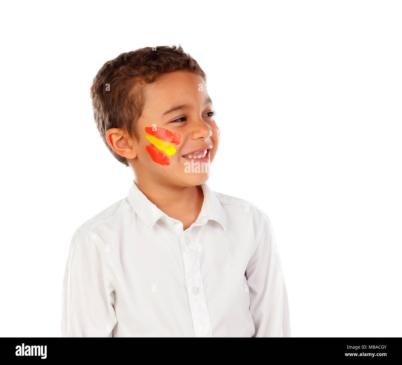 Portrait of a child with spanish colors flag painted on his face Stock ...