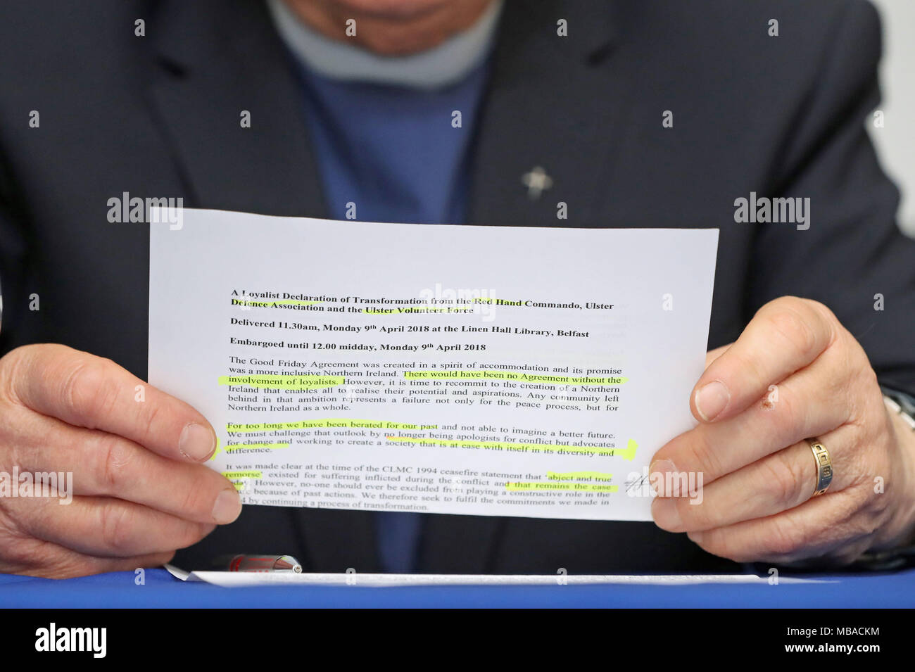 Reverend Harold Good reads a statement at Linenhall Library, Belfast ...