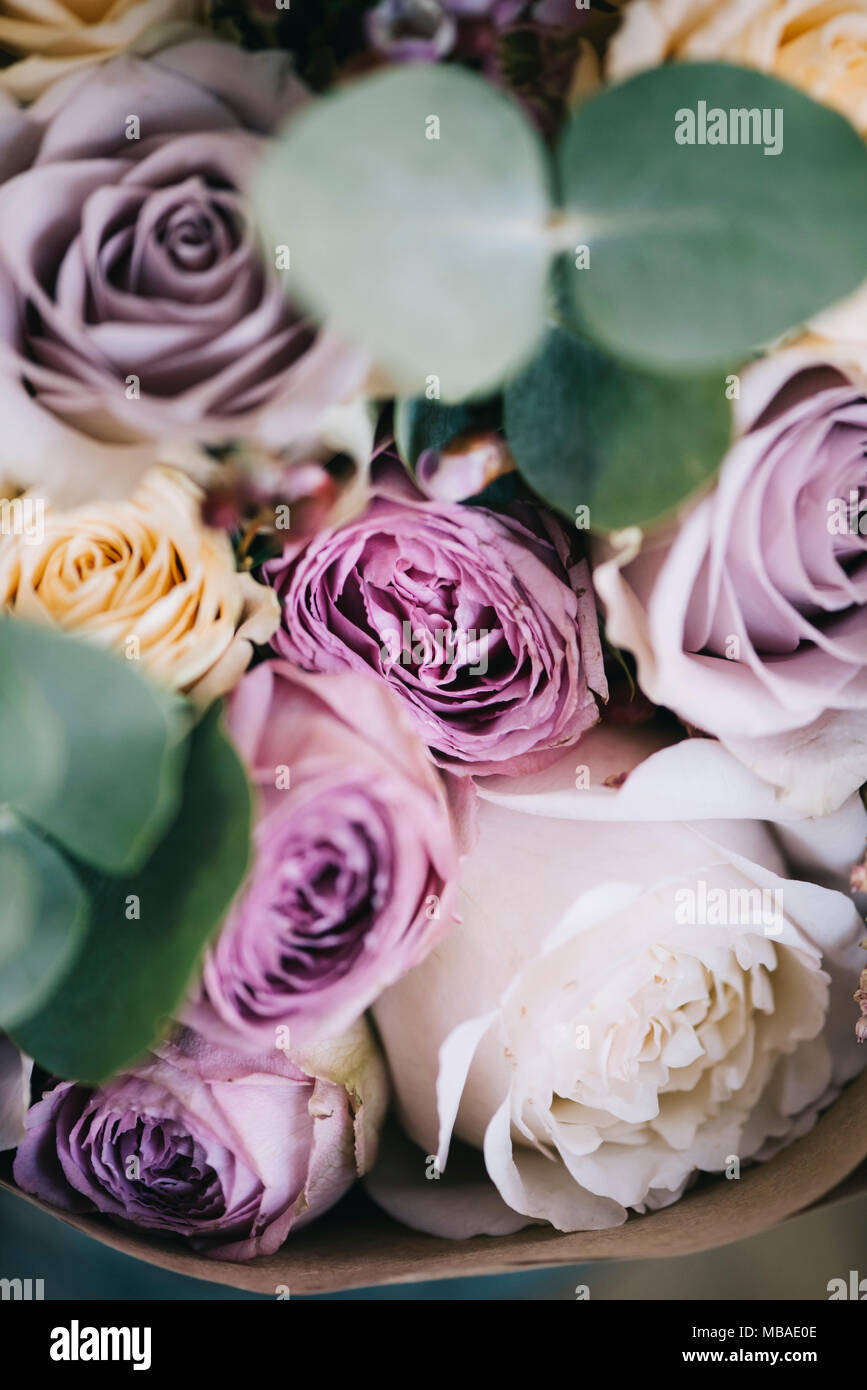 Beautiful fresh flower bouquet with eucalyptus, roses and english roses ...