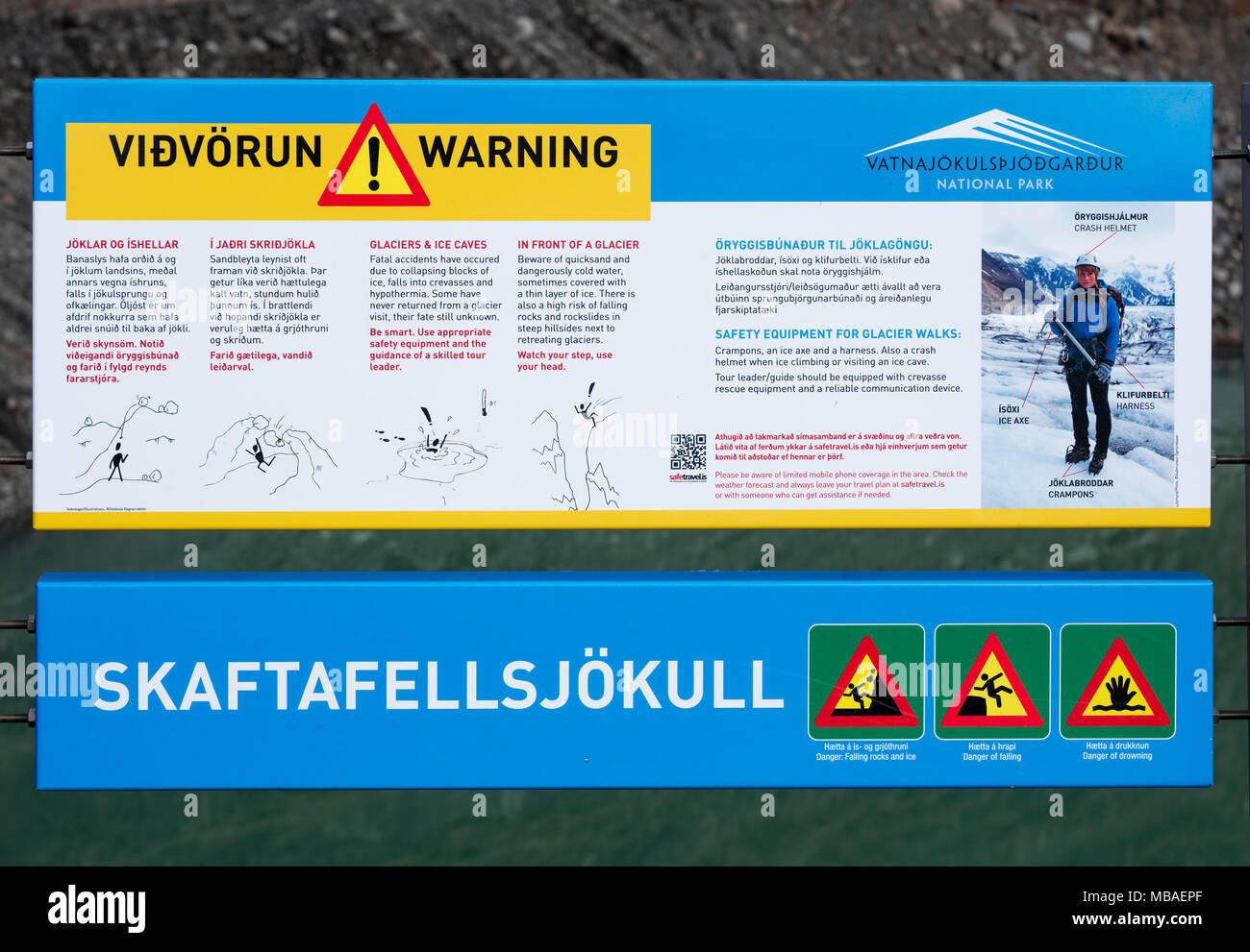 Skaftafellsjökull, Iceland. A warning sign on the path leading to the ...