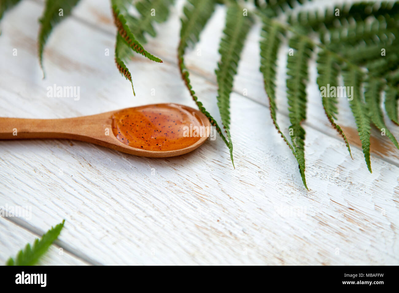 skin care and body scrub with natural ingredients on a spoon Close up ...