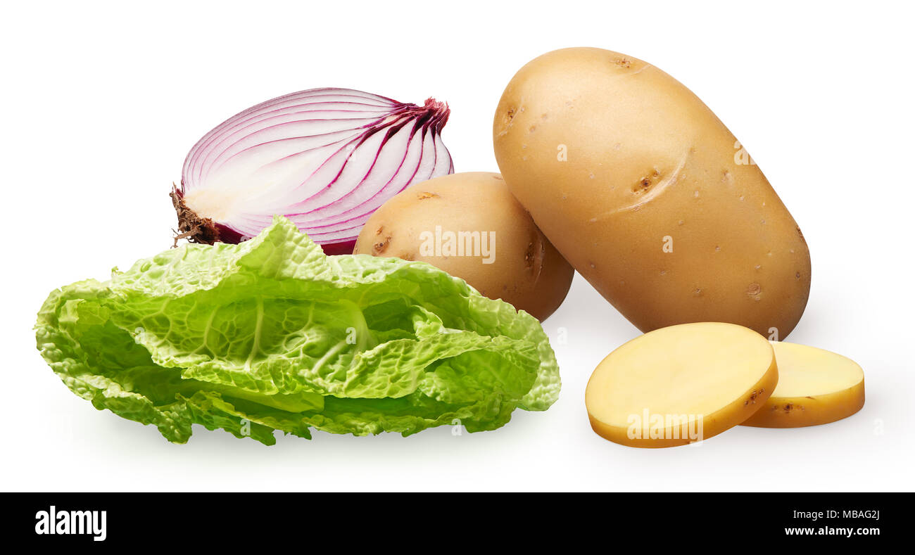 Two whole fresh unpeeled potatoes with two chopped pieces, half of red ...