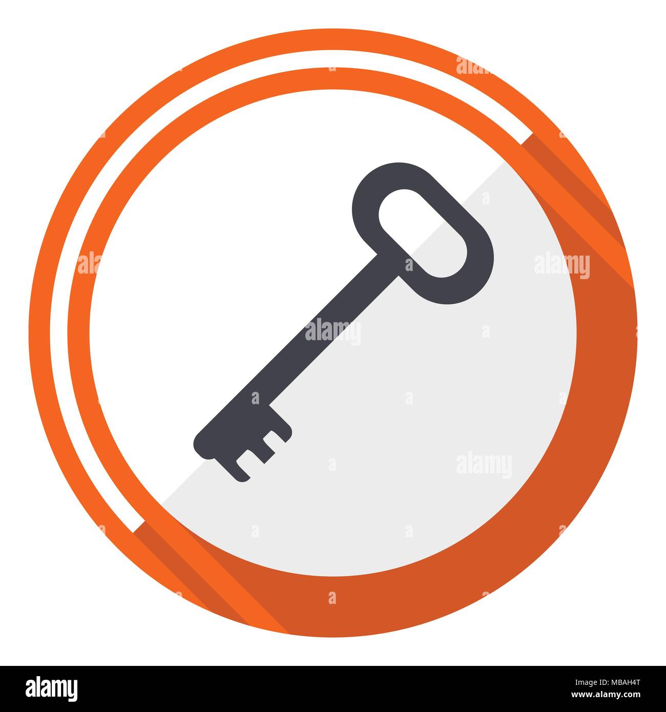 Key flat design vector web icon. Round orange internet button isolated ...