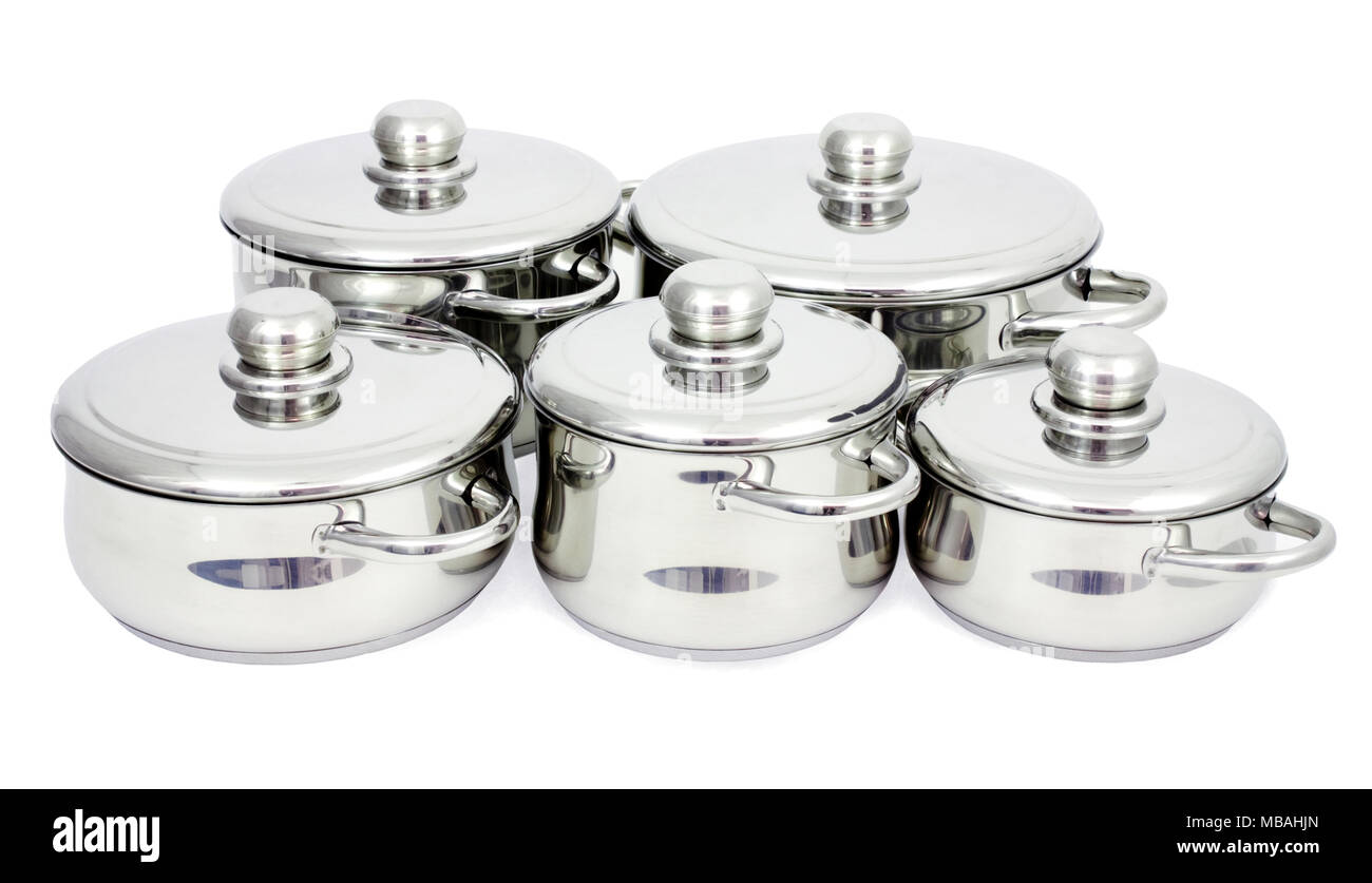 Pans made of stainless steel on a white background Stock Photo - Alamy