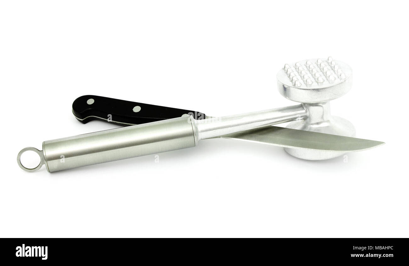 Mallet beating the meat and a kitchen knife a steel Stock Photo - Alamy