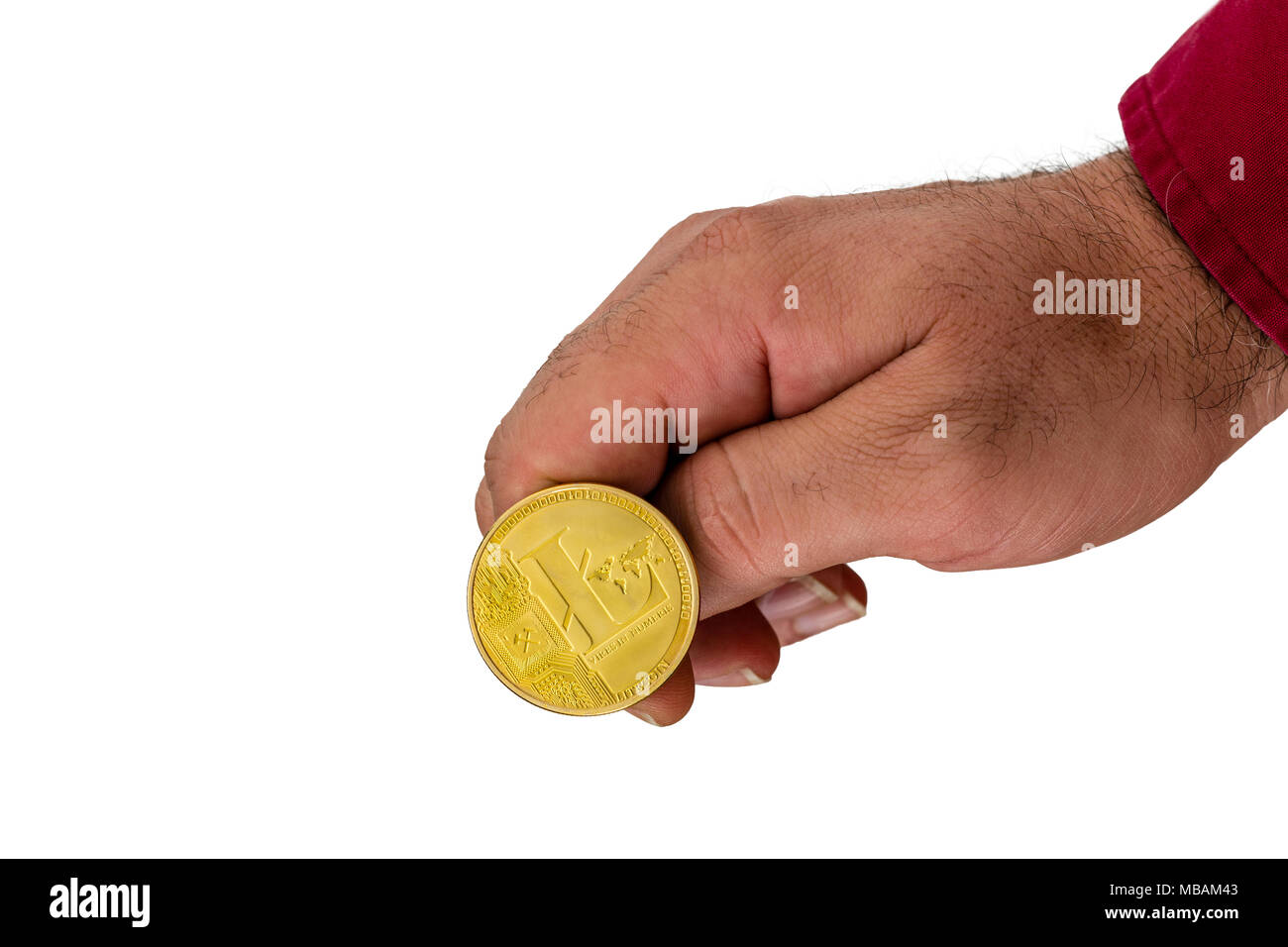 Hand flipping cryptocurrency golden coin against white background Stock ...