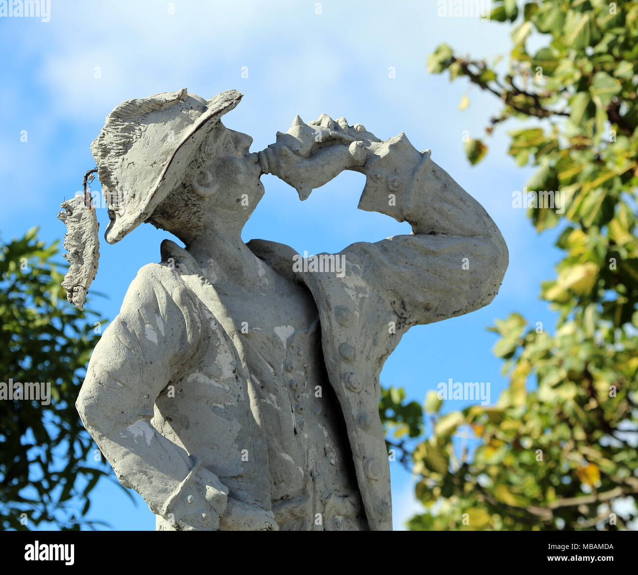 statue of Prince Klass with plumed hat and holding shell horn Stock ...