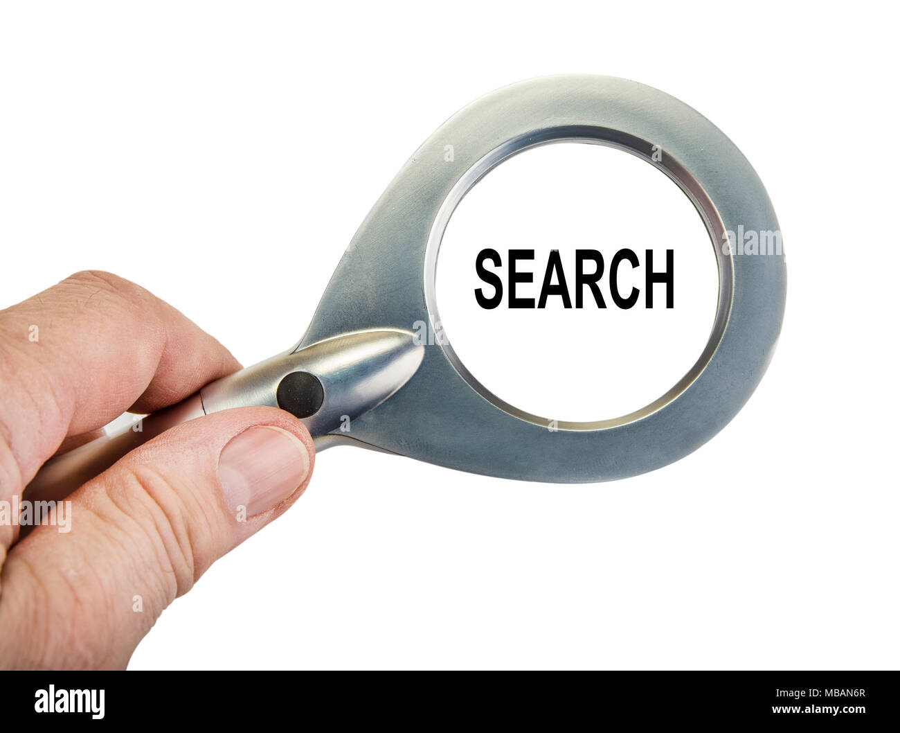 Magnifying glass in the hand on the white. Search concept Stock Photo ...