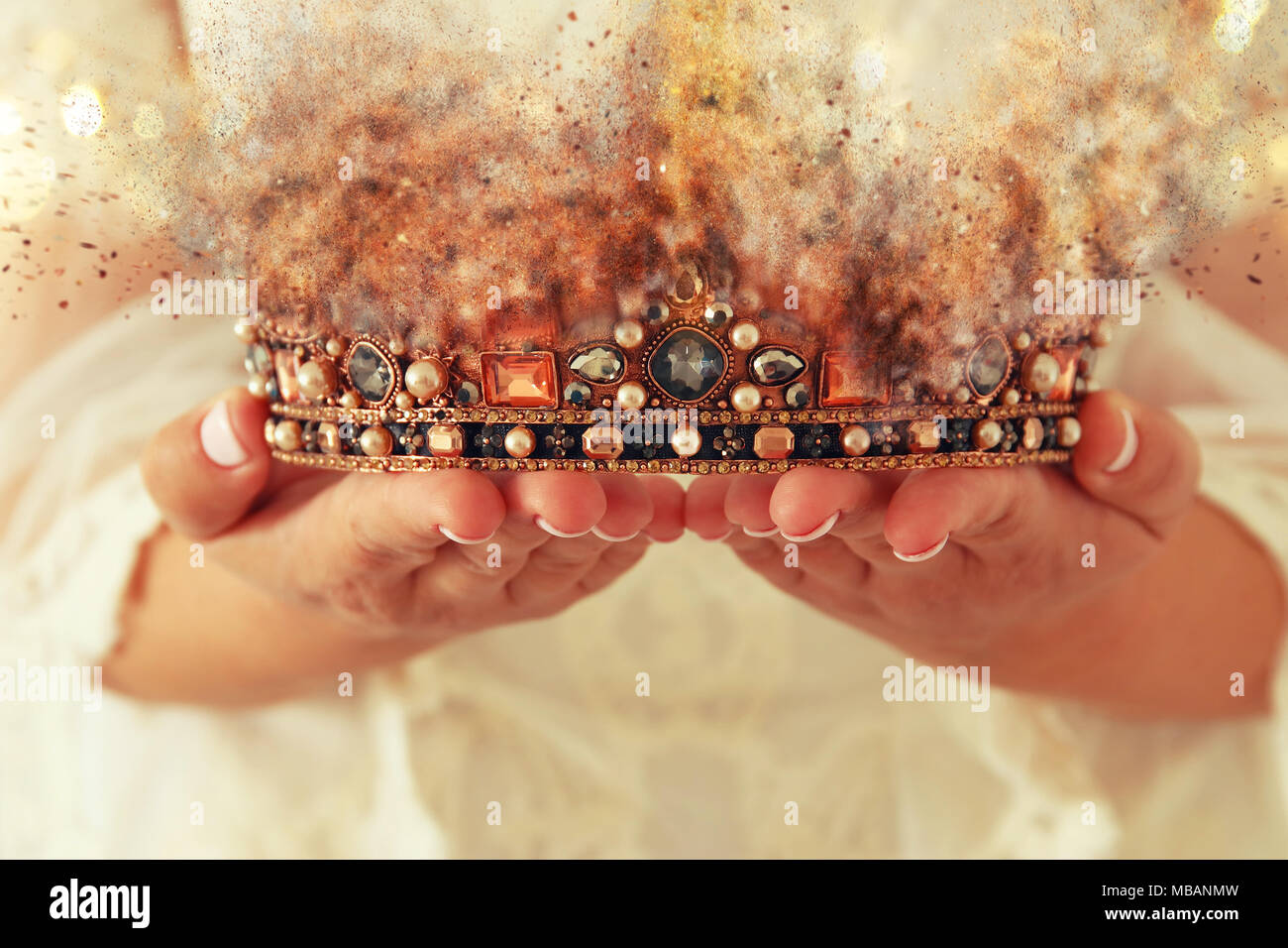 image of beautiful lady with white lace dress holding diamond crown ...