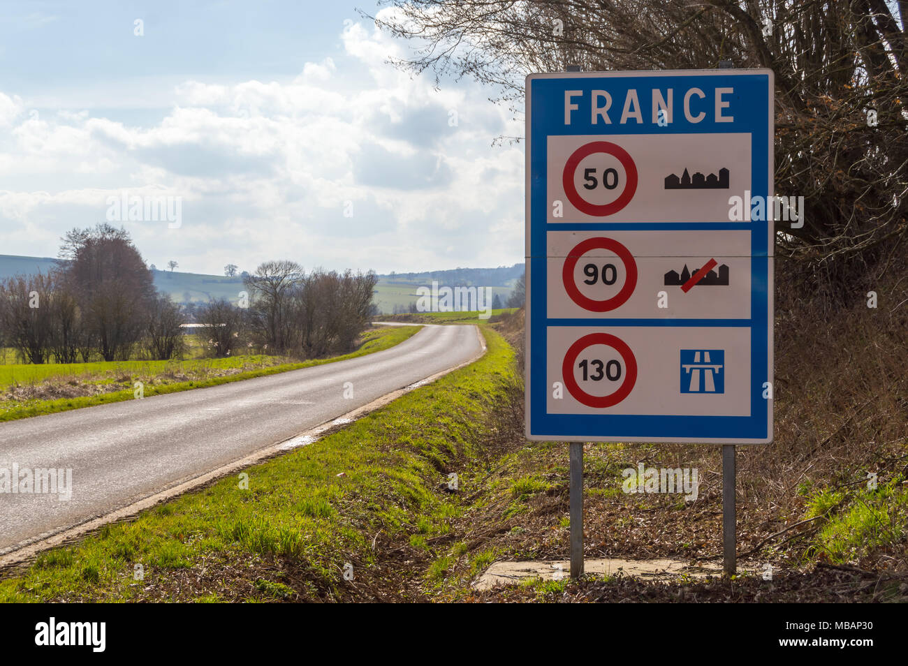 Road sign of return to the French territory with different speed limits ...