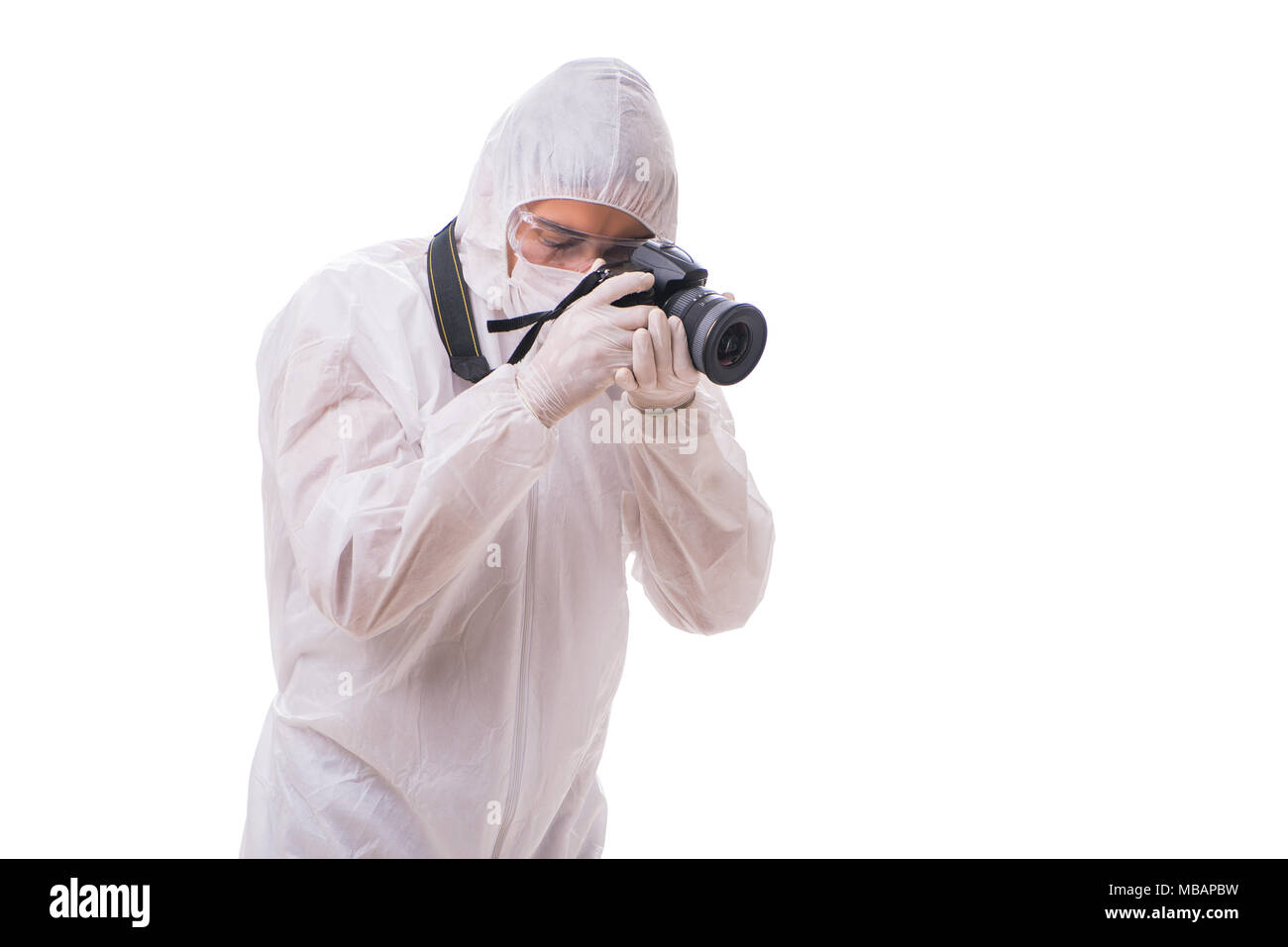 Forensic specialist in protective suit taking photos on white Stock ...