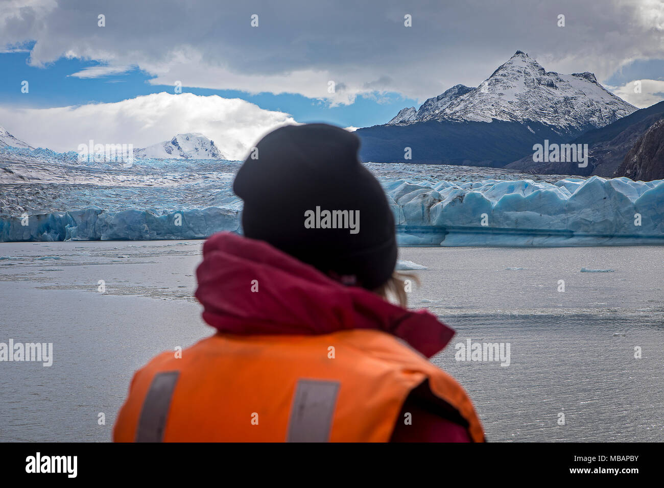 Grey Glacier and Hiker in a Catamaran, crossing Grey lake between ...