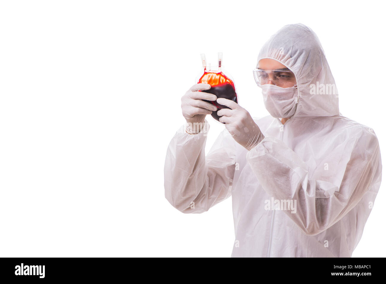 Epidemiologist with blood sample isolated on white background Stock ...